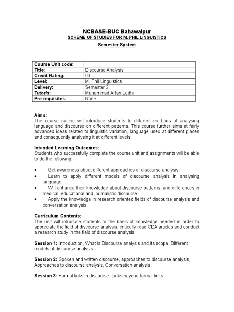 Course Outline Discourse Analysis NCBA | Download Free PDF ...