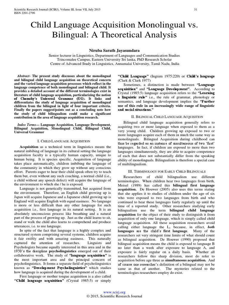 Child Language Acquisition Monolingual vs. Bilingual: A Theoretical Analysis | Download Free PDF ...