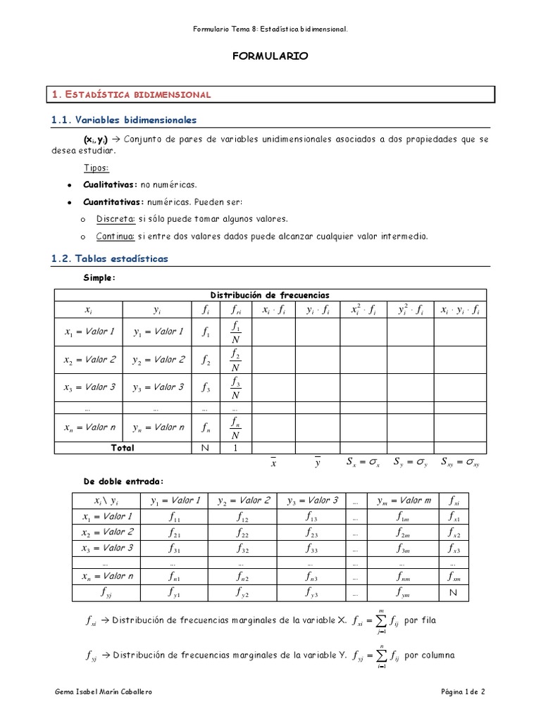 Formulario Tema 2. Estadística Bidimensional | PDF | Inferencia estadística | Regresión lineal
