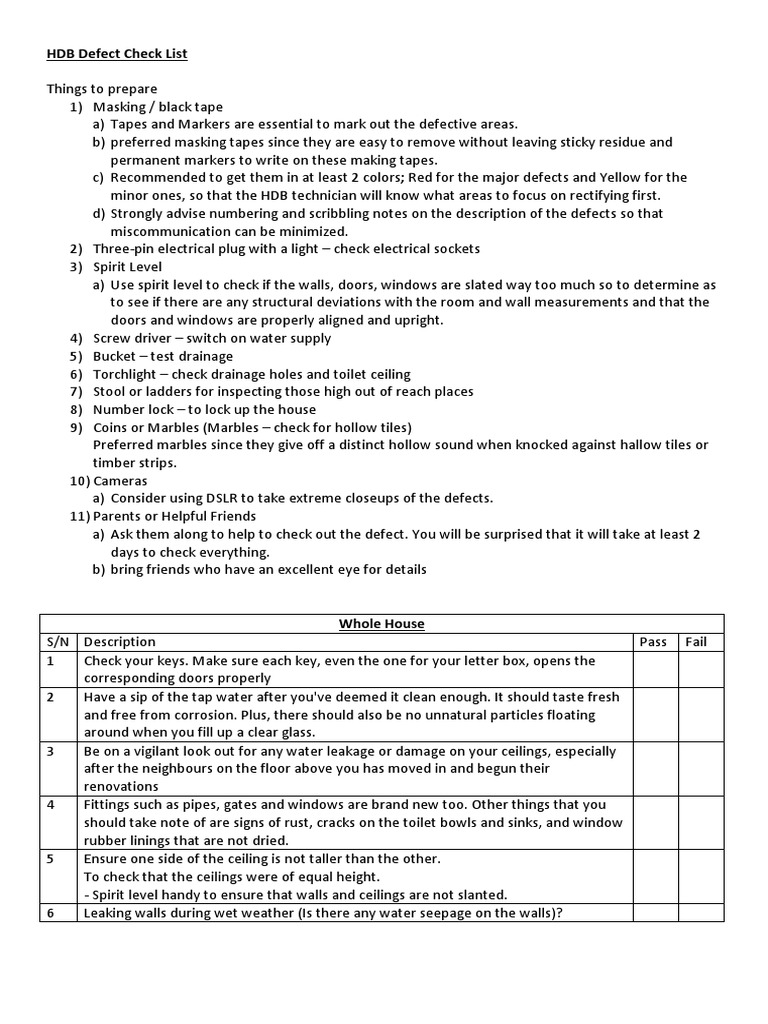 HDB Defect Check List | PDF | Door | Window
