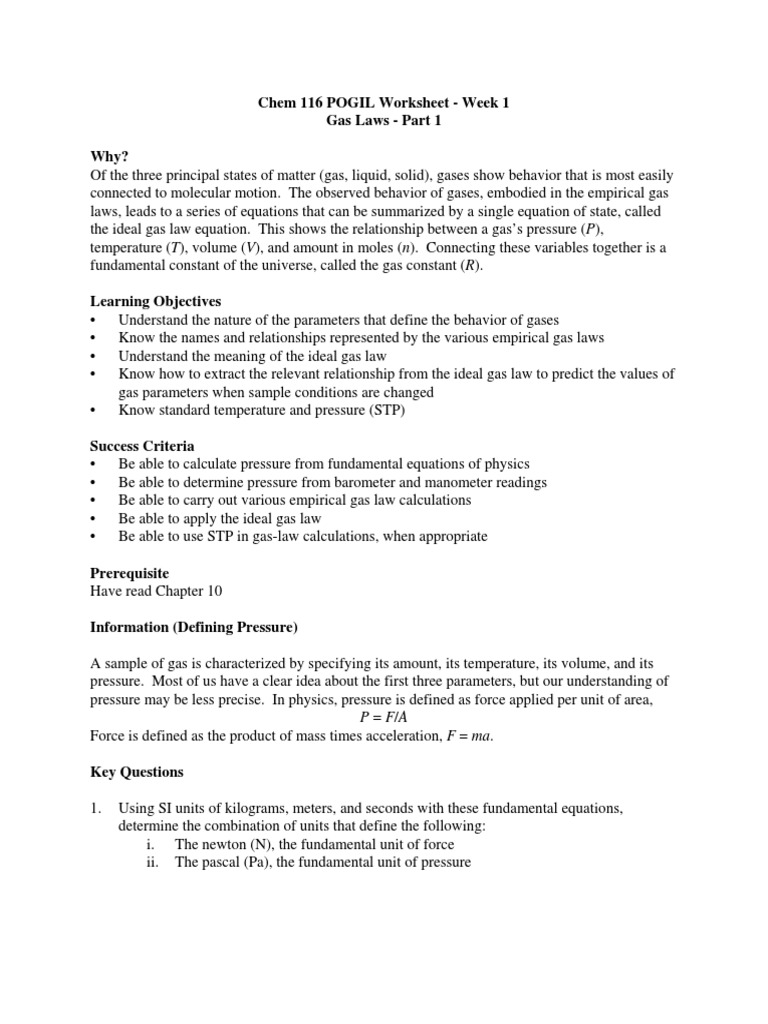 Gas Laws and Ideal Gas Law Worksheet | PDF | Gases | Pressure