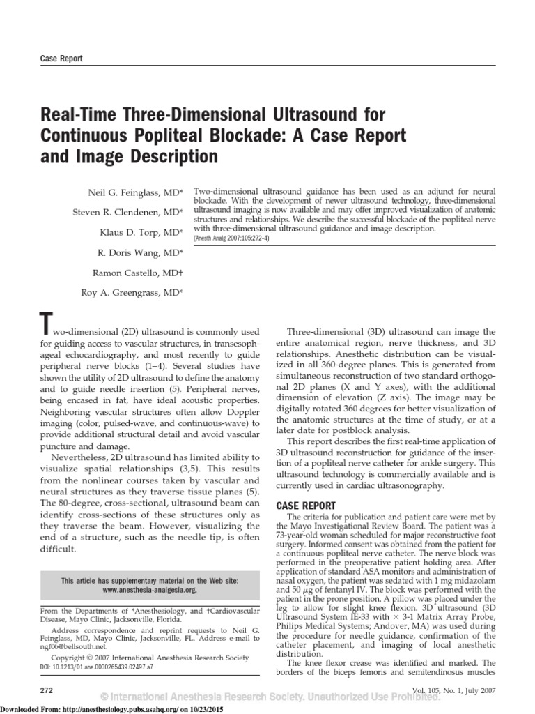 Real-Time Three-Dimensional Ultrasound For Continuous Popliteal Blockade: A Case Report and ...