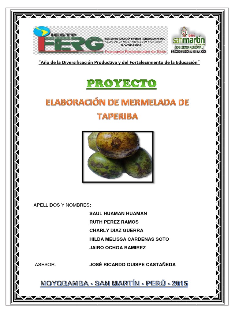 PROYECTO SOBRE ELABORACION DE MERMELADA DE TAPERIBA.pdf | Alimentos | Naturaleza