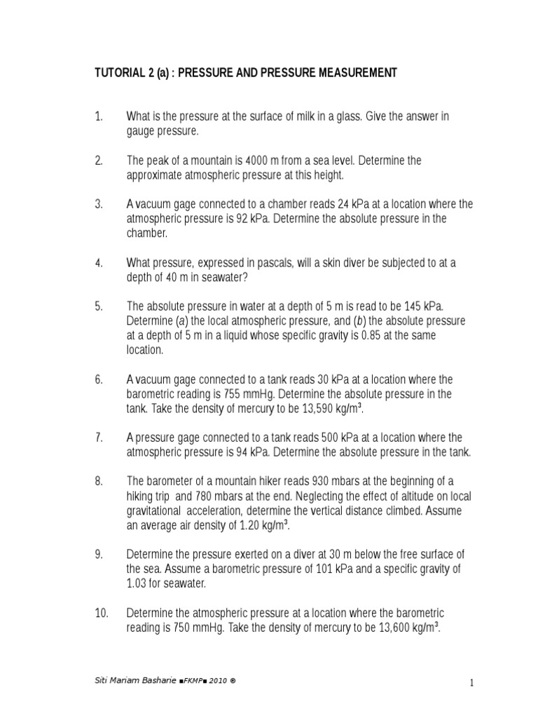 Tutorial 2 Pressure and Pressure Measurement | Download Free PDF ...