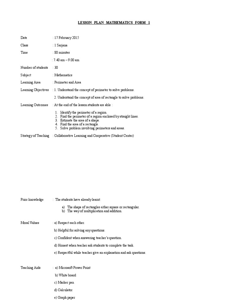 Mathematics - Form 1 - Lesson Plan (Example) | PDF | Lesson Plan ...