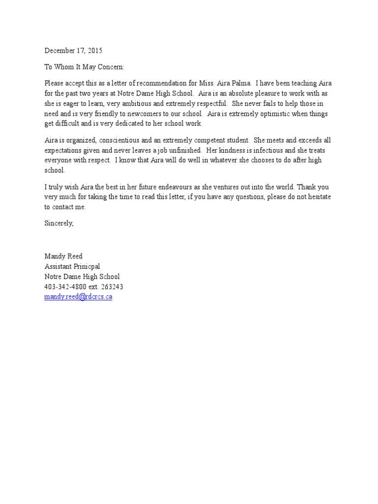 Recommendation Letter for Aira Palma | PDF | Wellness