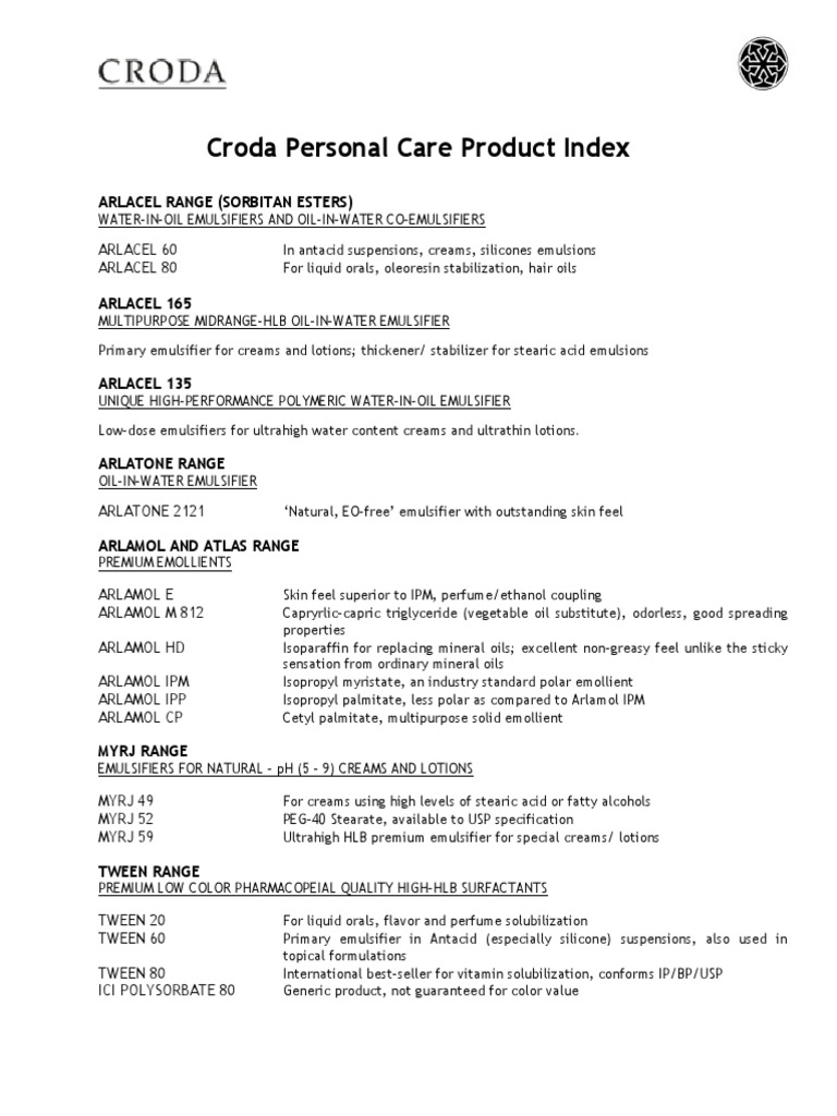 Croda Persona Care Product Index | PDF | Emulsion | Shampoo