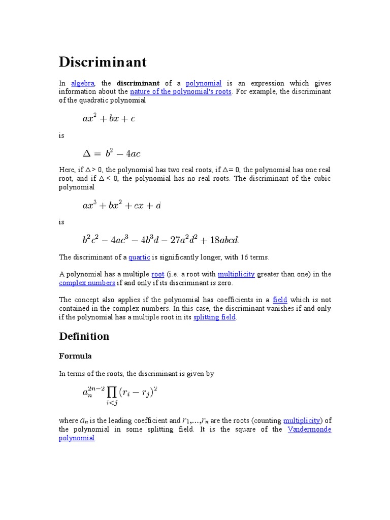 Discriminant | Polynomial | Quadratic Equation