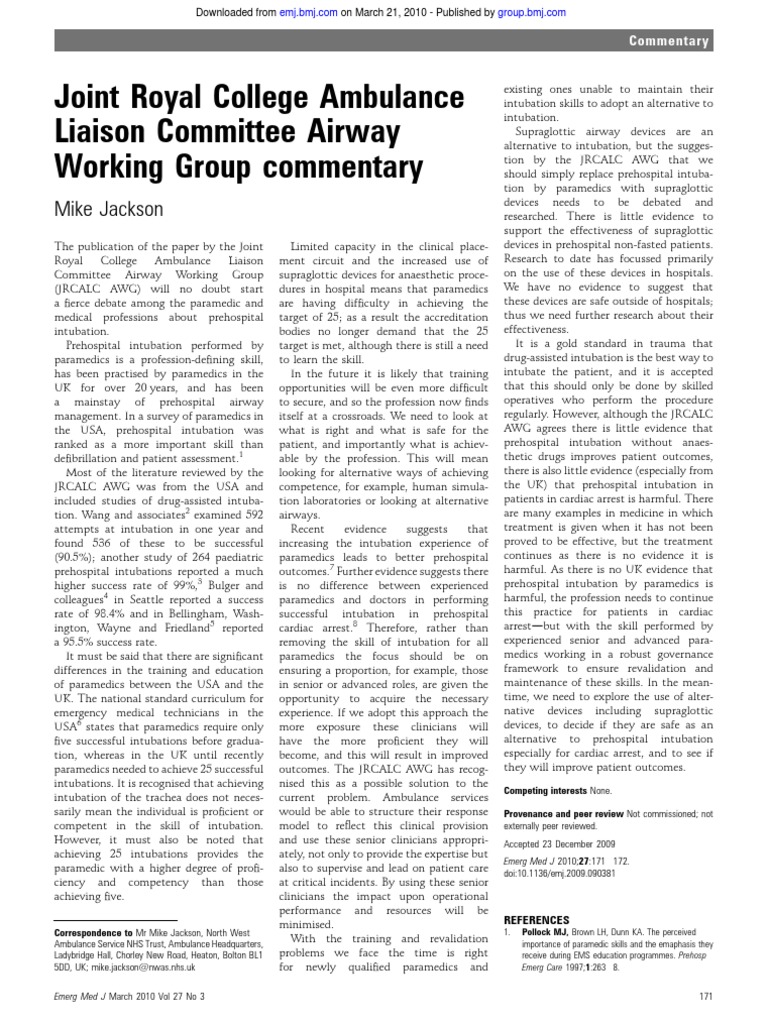 JRCALC Airway Working Group Commentary | PDF | Emergency Medical ...