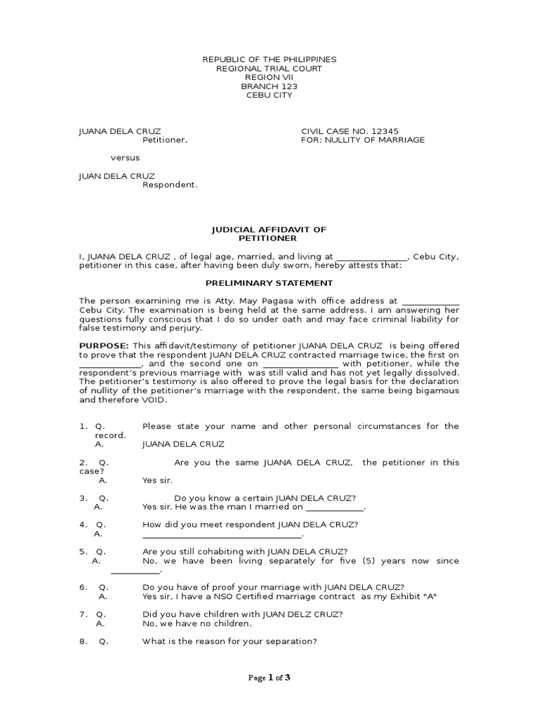 Judicial Affidavit Annulment Sample | PDF | Affidavit | Annulment