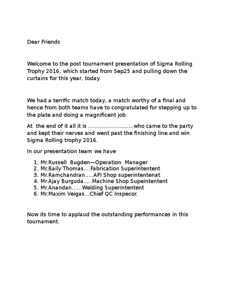 POst Match Presentation Speech | PDF | Bowling (Cricket) | Cricket