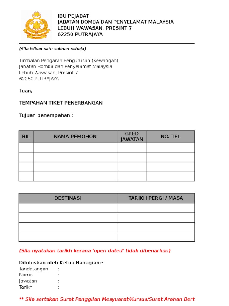 Borang Tempahan Tiket Kapal Terbang | PDF