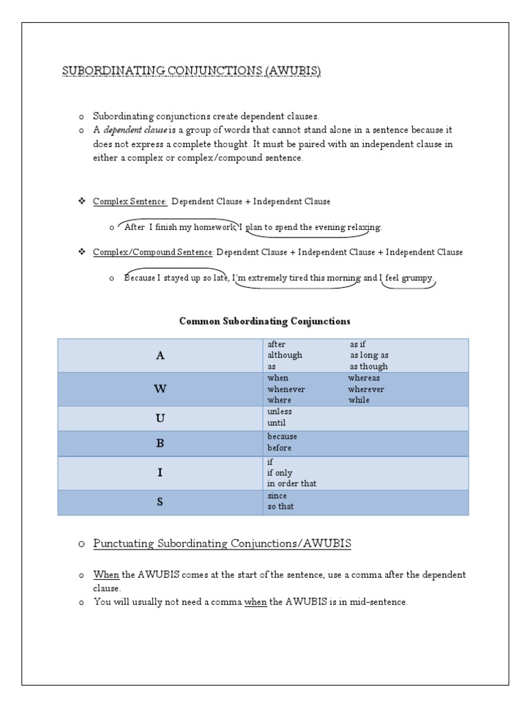 Subordinating Conjunctions (AWUBIS) | PDF
