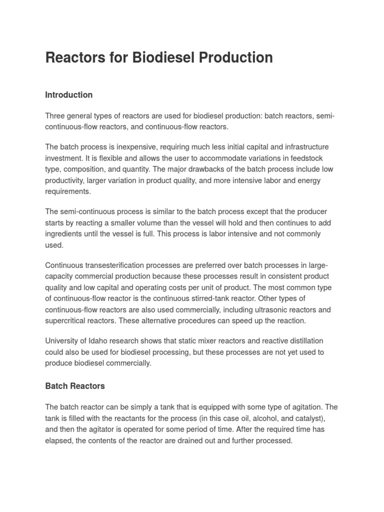 Biodiesel Production Reactors Guide | PDF | Chemical Reactor ...