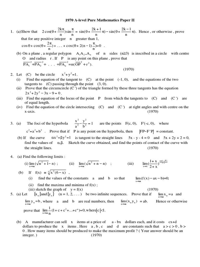 1970 A-Level Pure Mathematics Paper II: X 1) X 1 Sin ( | PDF | Circle ...