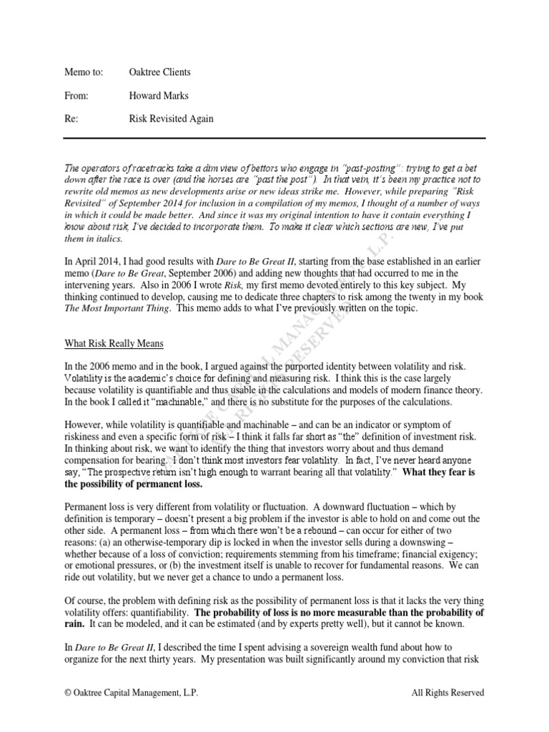 Howard Marks Letters: Risk Revisited Again | PDF