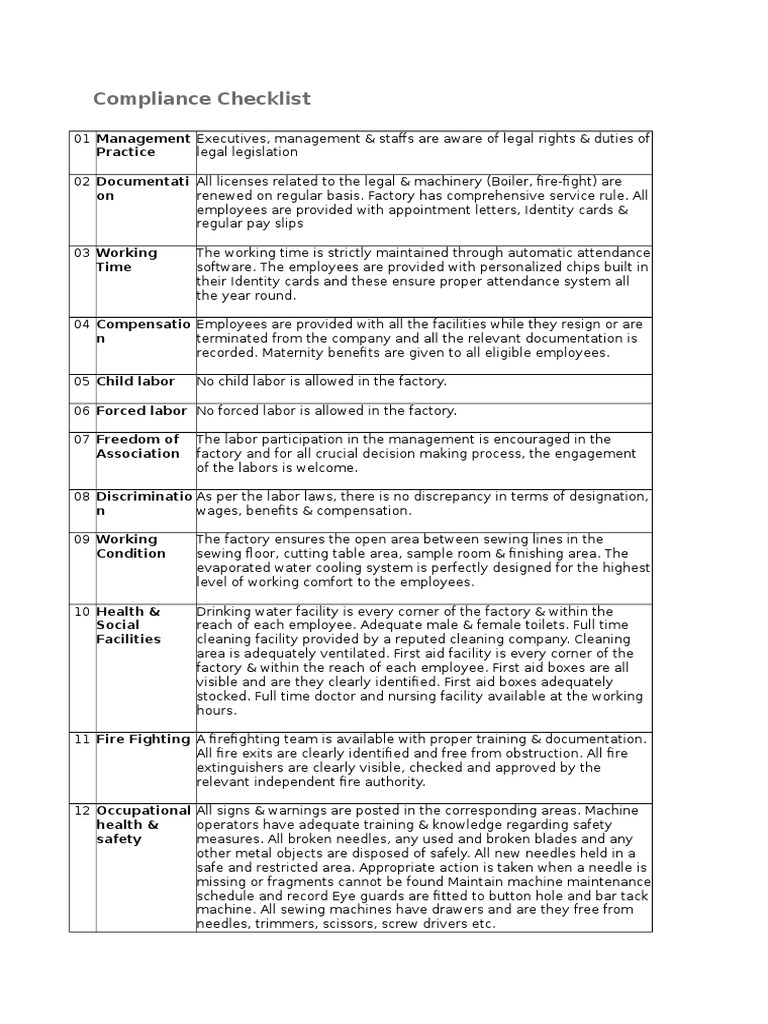 Compliance Checklist | PDF | Labour Economics | Firefighting