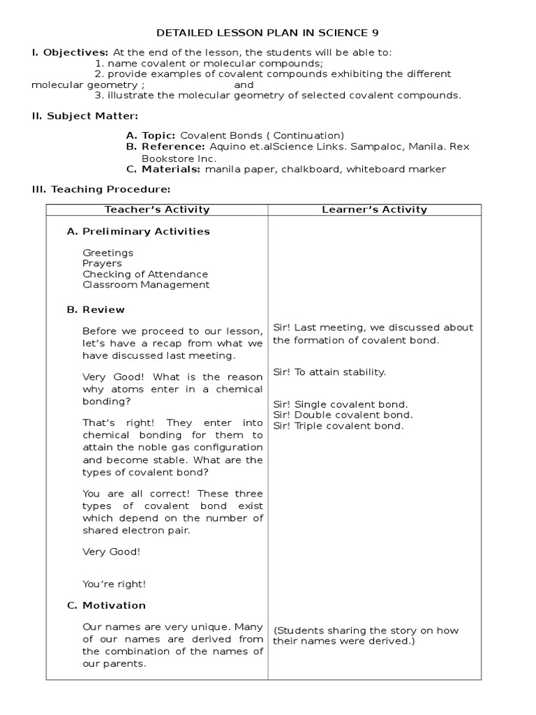 Detailed Lesson Plan in Science 9 | PDF | Covalent Bond | Chemical ...