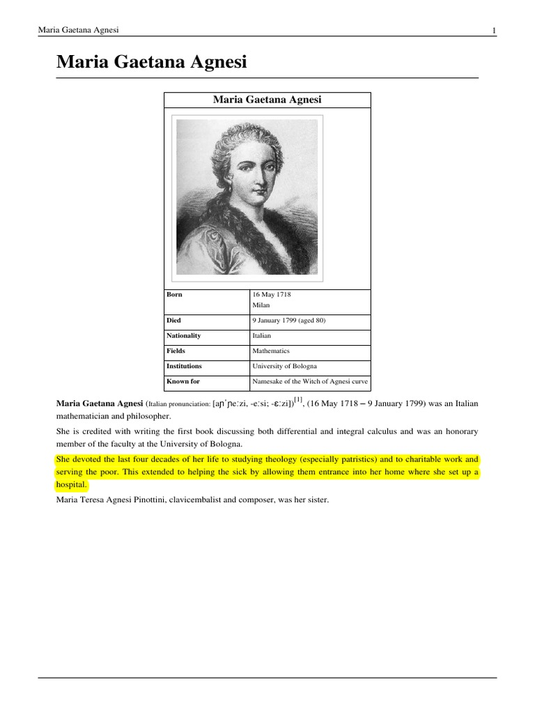 Maria Gaetana Agnesi | PDF | Teaching Mathematics | Science