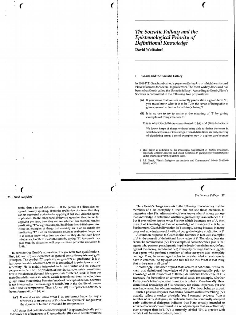 Wolfsdorf The Socratic Fallacy and The Epistimological Priority of Definitional Knowledge | PDF ...