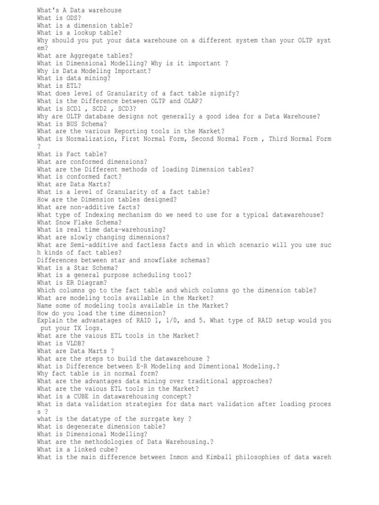 DWH Full Questions | PDF | Data Warehouse | Databases