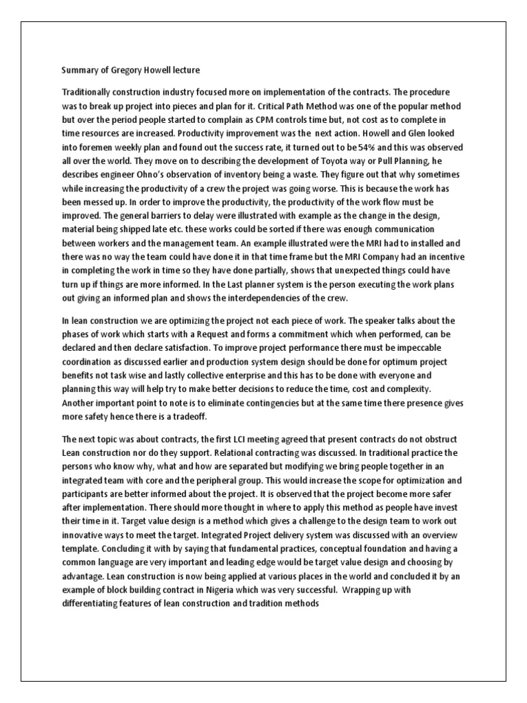 Summary of Gregory Howell Lecture | PDF | Production And Manufacturing ...