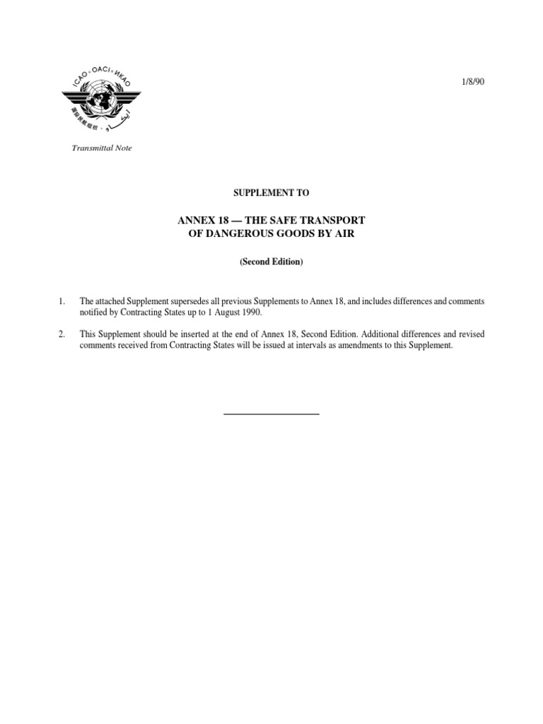 Annex 18 - The Safe Transport of Dangerous Goods by Air: Supplement To ...