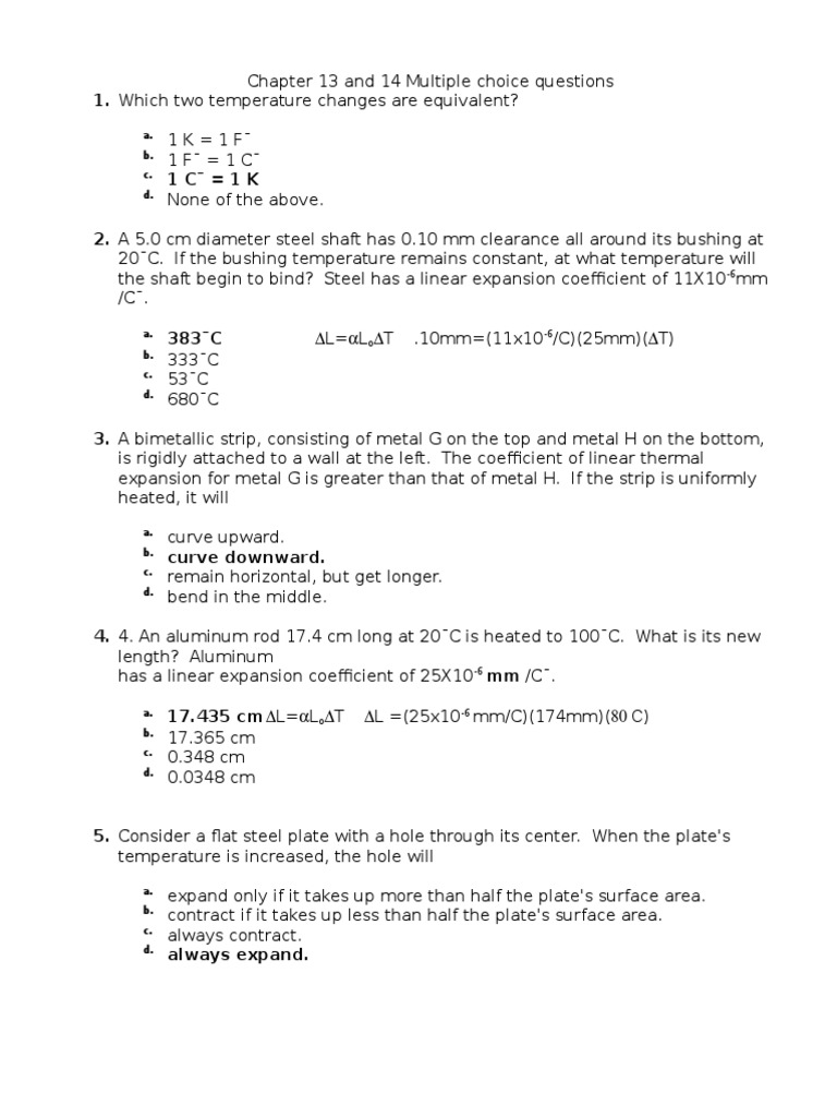 Answers Chapter 13 and 14 Physics MC | PDF | Gases | Temperature