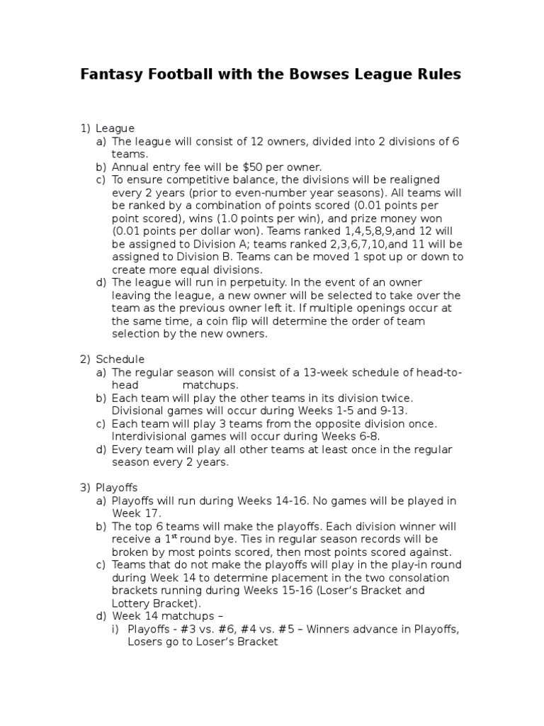 Fantasy Football With The Bowses League Rules | PDF | National Football ...