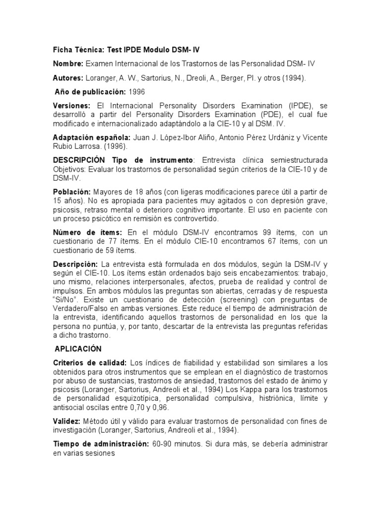 Test Ipde | PDF | Manual Diagnóstico y Estadístico de los Trastornos ...