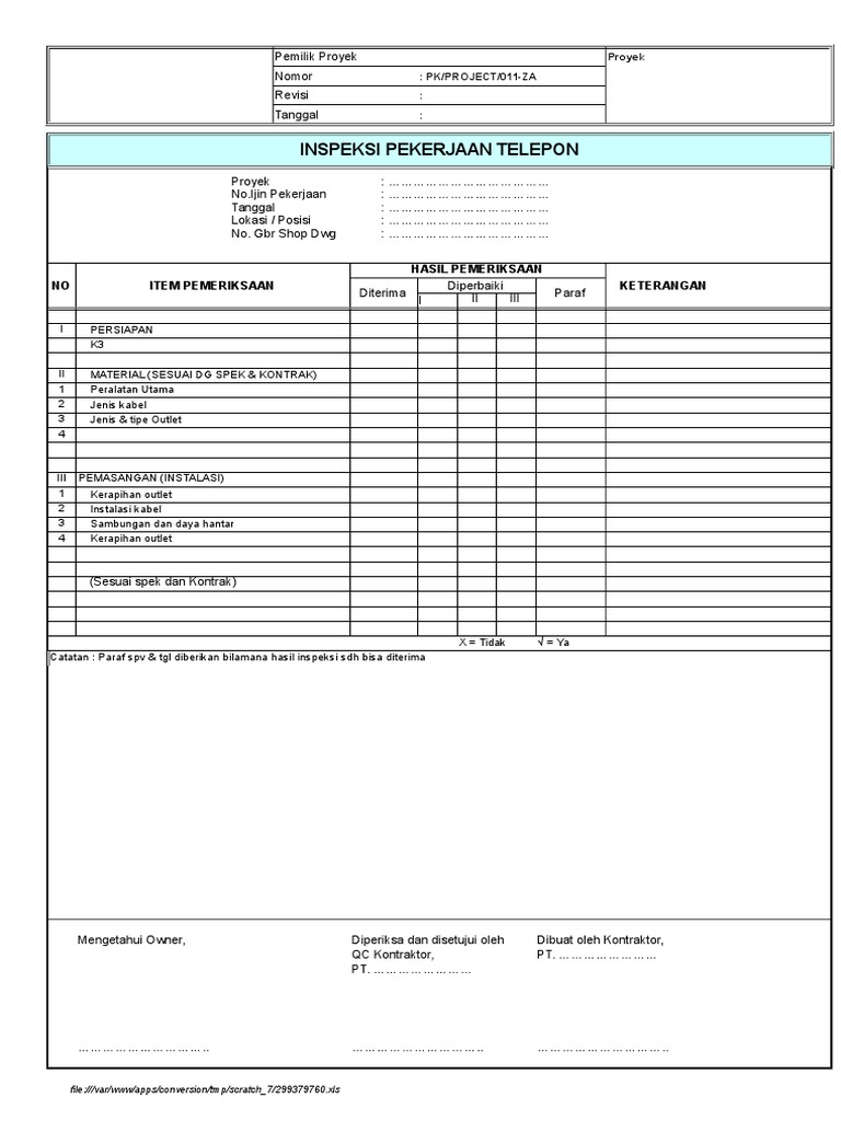 Format Inspeksi Pekerjaan Telepon | PDF