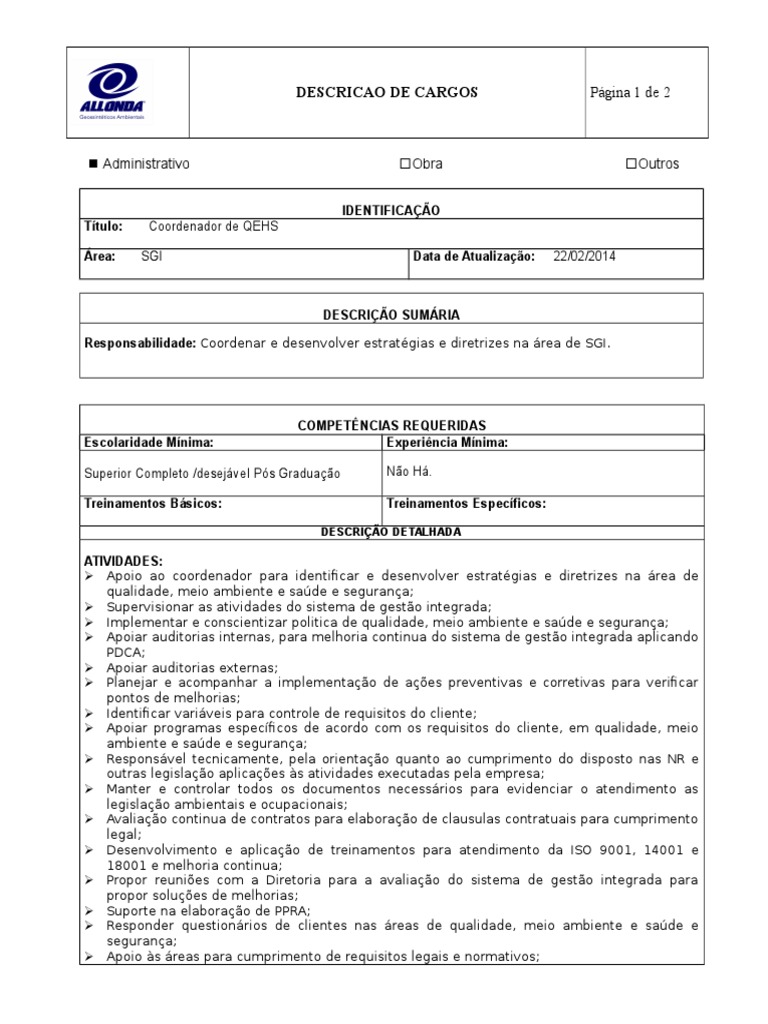 Descrição de Cargo de Coordenadora QEHS | PDF | ISO 9000 | Qualidade ...