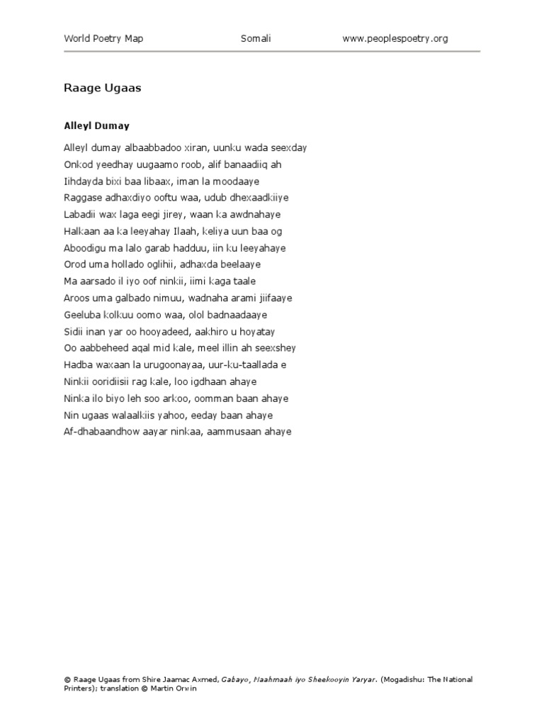 Somalia Poetry Raage Ugaas Night Has Fallen | PDF