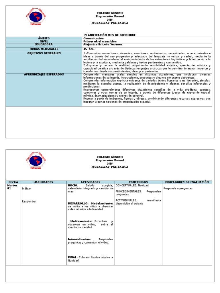 Planificación Diciembre Preescolar | PDF | Lectura (proceso ...