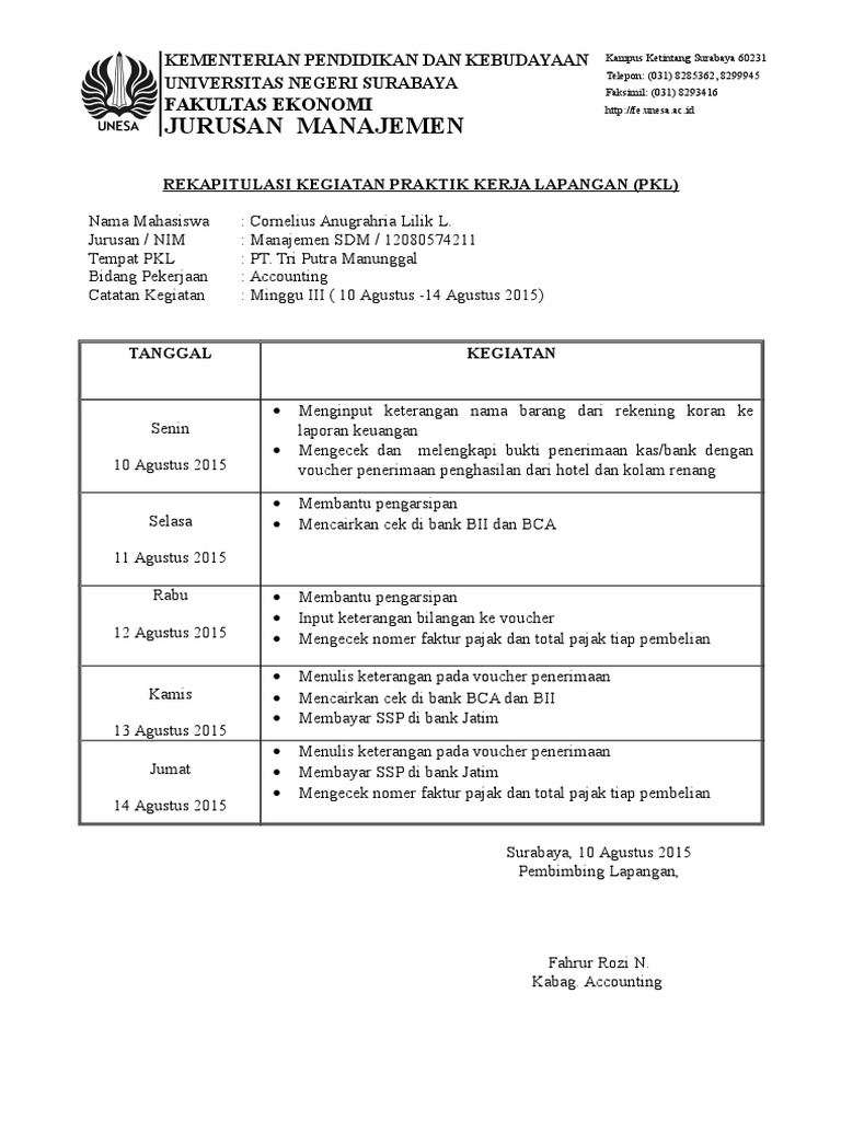Rekap Kegiatan PKL Manajemen UNESA | PDF