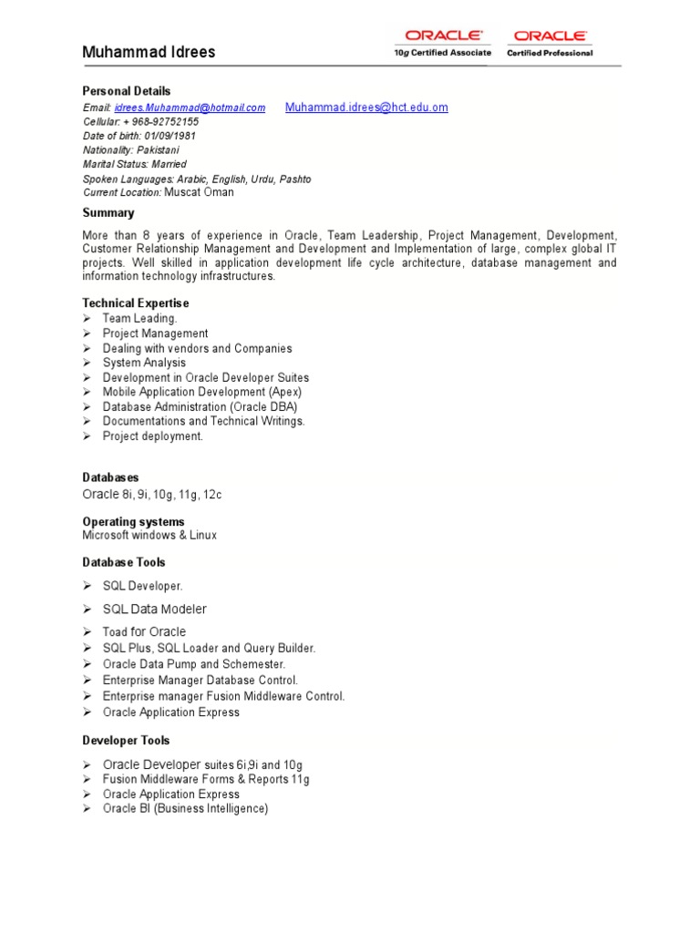 Muhammad Idrees CV | PDF | Oracle Database | Pl/Sql