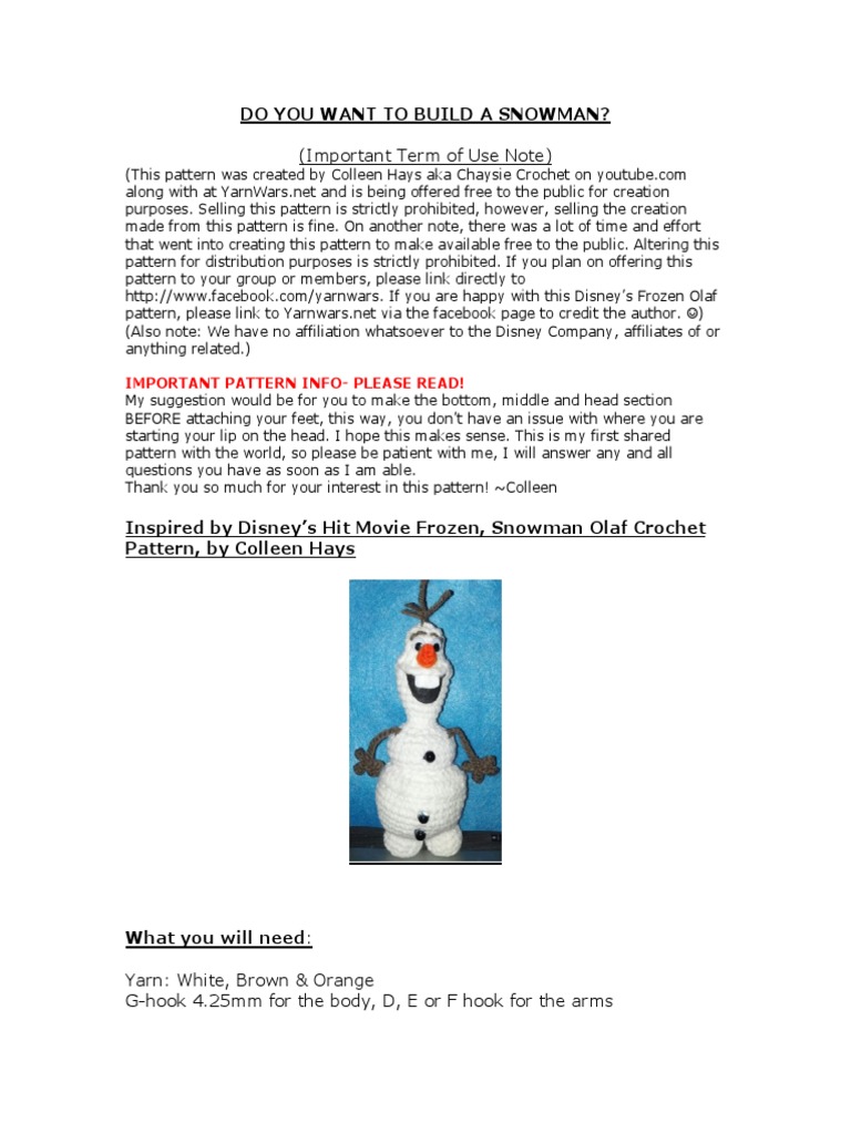 Disney Frozen Olaf Crochet Pattern CMH | Unduh gratis PDF | Crochet | Yarn