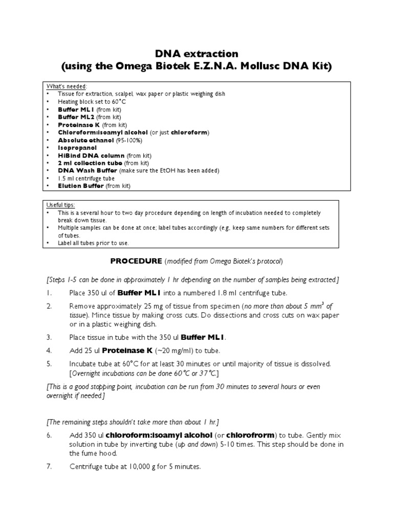 DNA Extraction (Using The Omega Biotek E.Z.N.A. Mollusc DNA Kit) | PDF ...