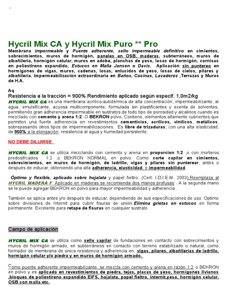 Membrana Impermeable Hycril Mix CA | PDF | Cemento | Yeso