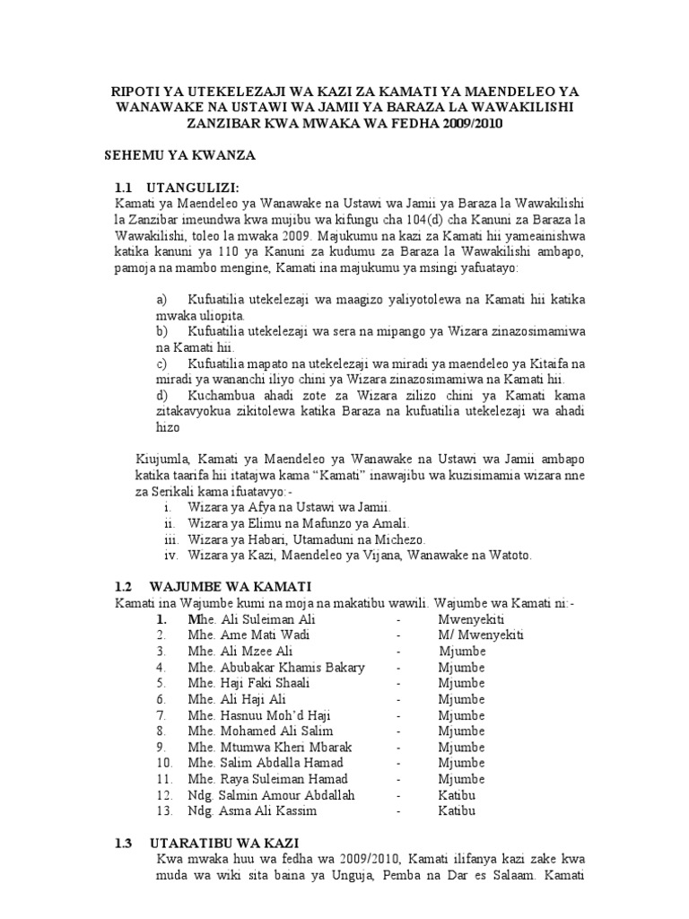 Ripoti Ya Utekelezaji Wa Kazi Za Kamati Ya Maendeleo Ya Wanawake Na ...