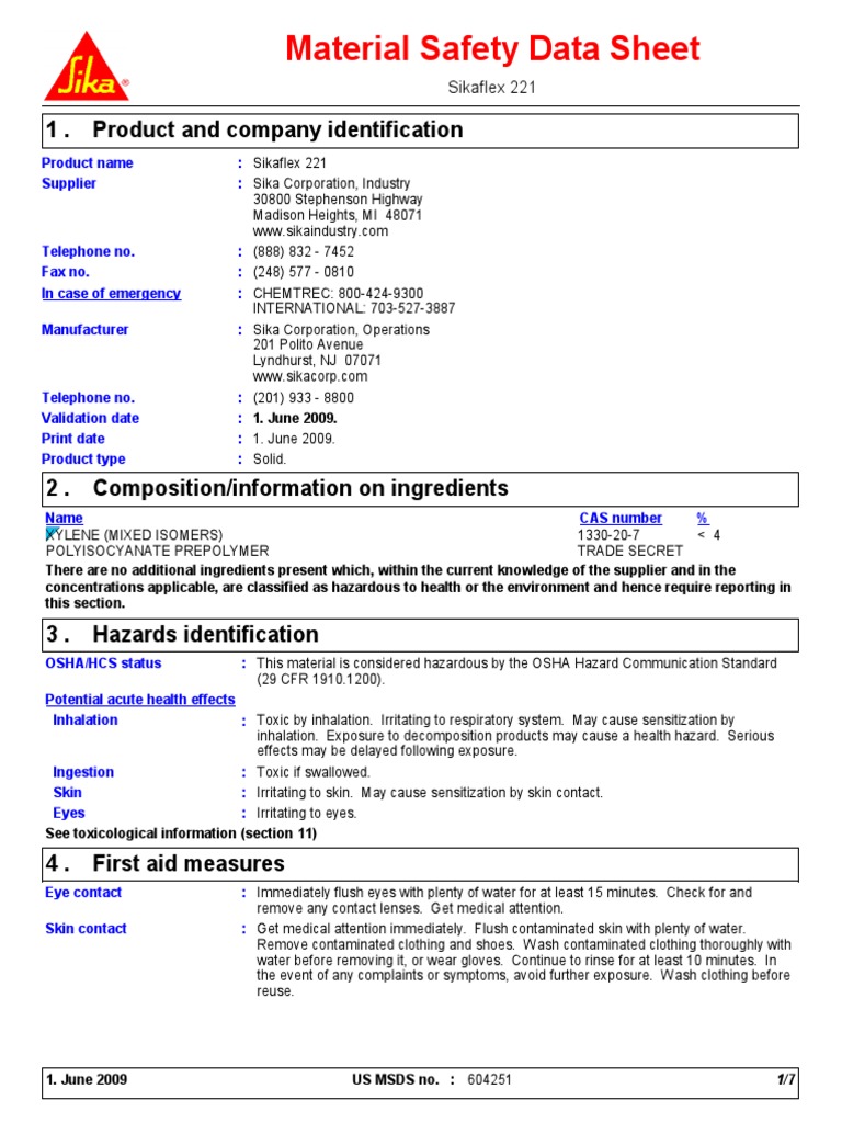 MSDS Sikaflex 221 | PDF | Toxicity | Waste