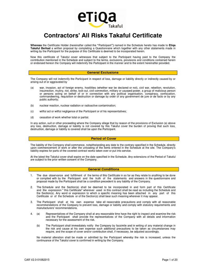 Contractor All Risks Takaful Certificate | PDF | Indemnity | Arbitral Tribunal