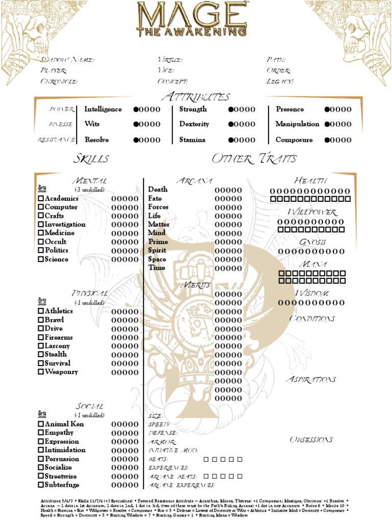 Mage The Awakening Moros Character Sheet - GMC | PDF | Role Playing ...
