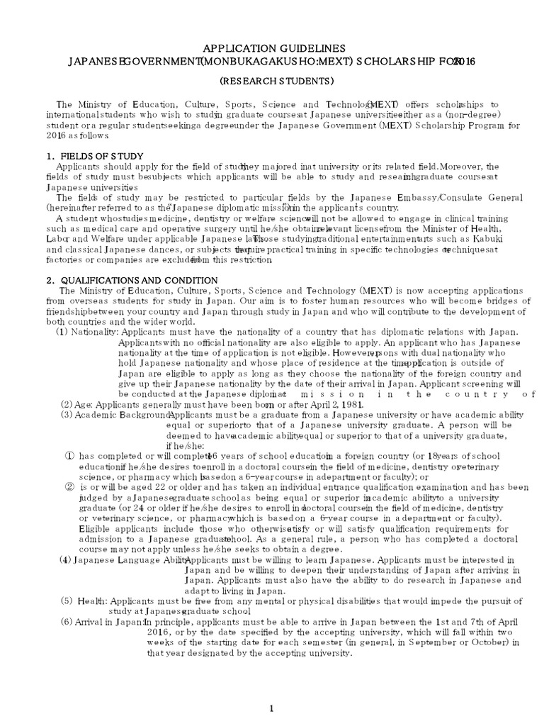 MEXT Scholarship Application Guide 2016 | PDF | Graduate School | Doctorate