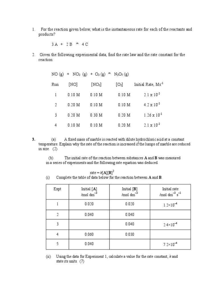 Kinetics Worksheet and Rate Laws | PDF | Mole (Unit) | Reaction Rate