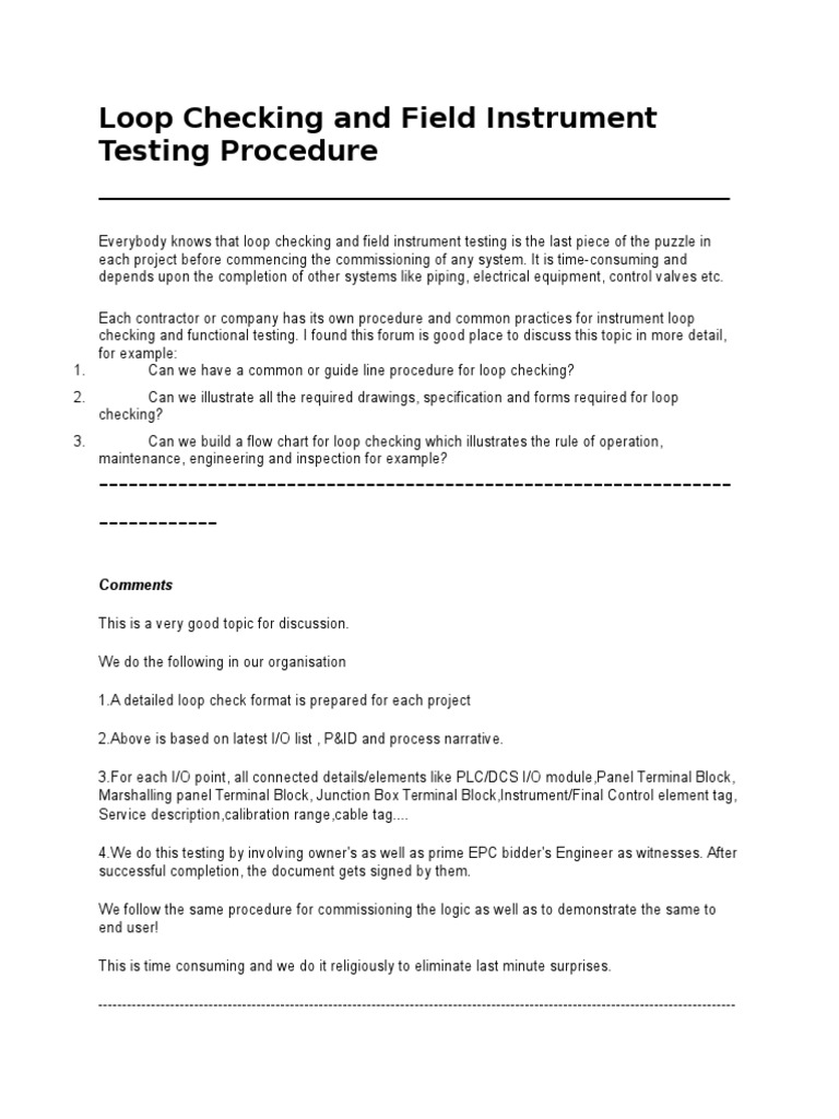 Loop Checking And Field Instrument Testing Procedure Pdf 