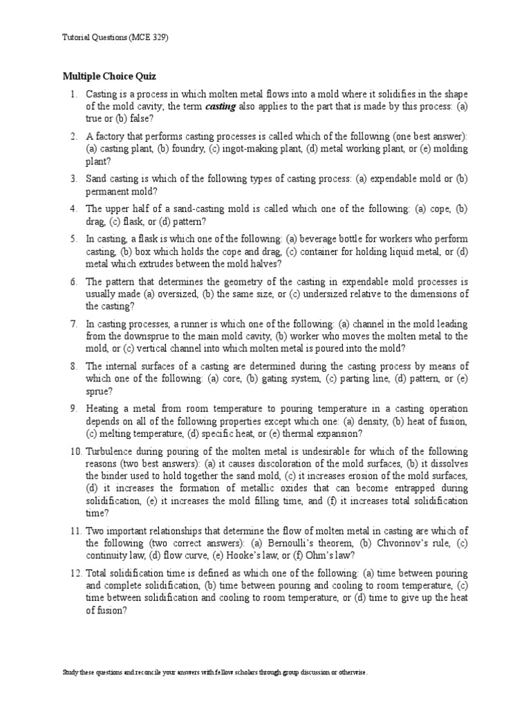 Tutorial Questions | PDF | Casting (Metalworking) | Carbon