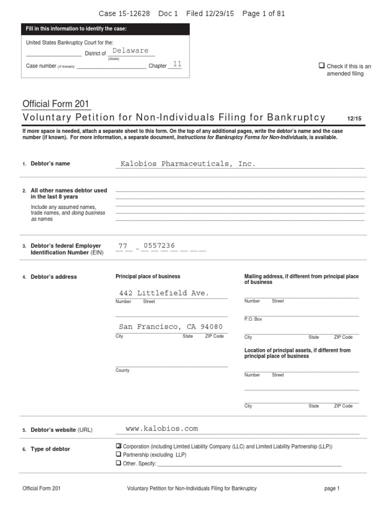 Kalobios Pharmaceuticals Inc | PDF | Chapter 11 | Bankruptcy
