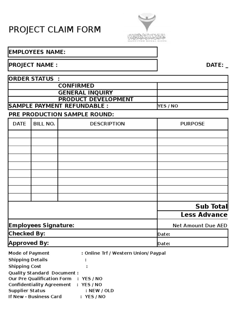 Project Claim Form Format | PDF | Payments | Receipt