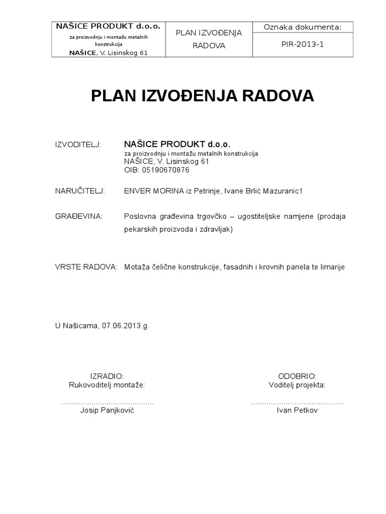 Plan Izvođenja Radova | PDF